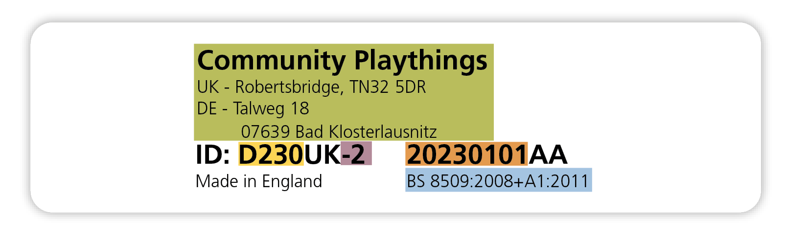 ID code label | Product Guides | Community Playthings